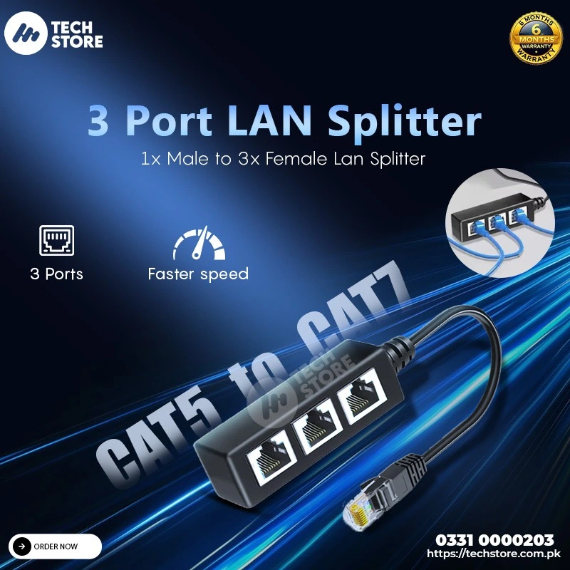RJ45 Splitter 1 Male to 3 Female Cat5 to Cat7 Ethernet Adapter in Pakistan